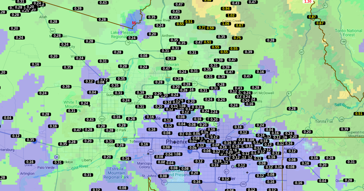 Map: What parts of Phoenix got the most rain last night?